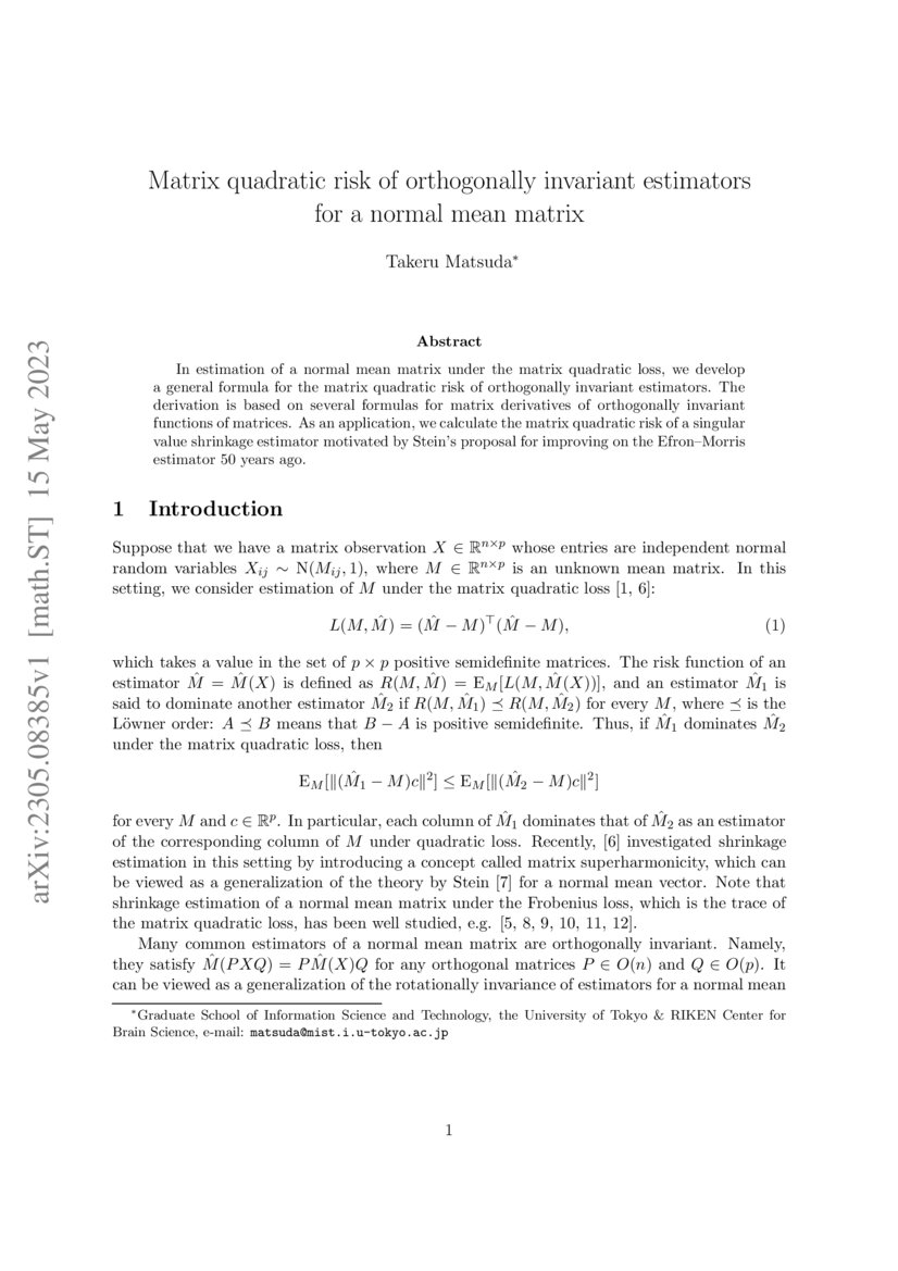 Matrix Quadratic Risk Of Orthogonally Invariant Estimators For A Normal Mean Matrix Deepai