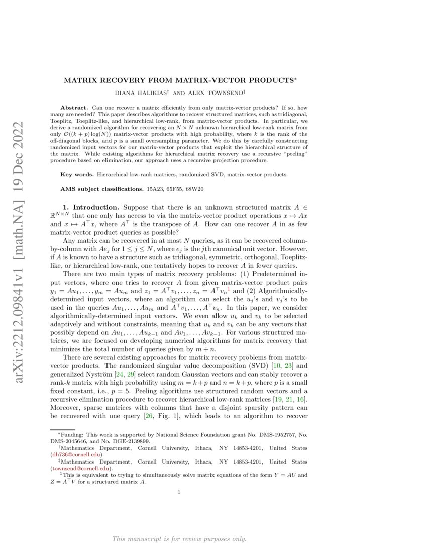 Matrix Recovery From Matrix Vector Products Deepai