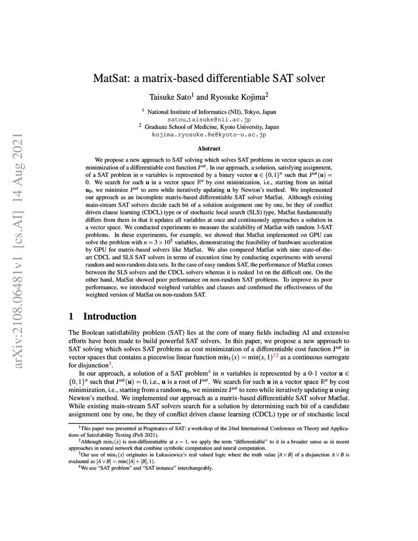 MatSat: a matrix-based differentiable SAT solver | DeepAI