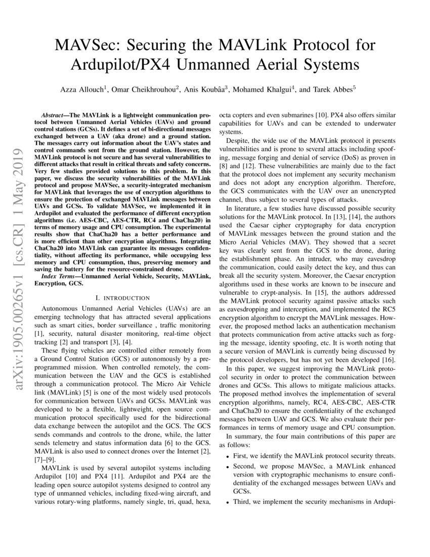 MAVSec: Securing the MAVLink Protocol for Ardupilot/PX4 Unmanned Aerial ...