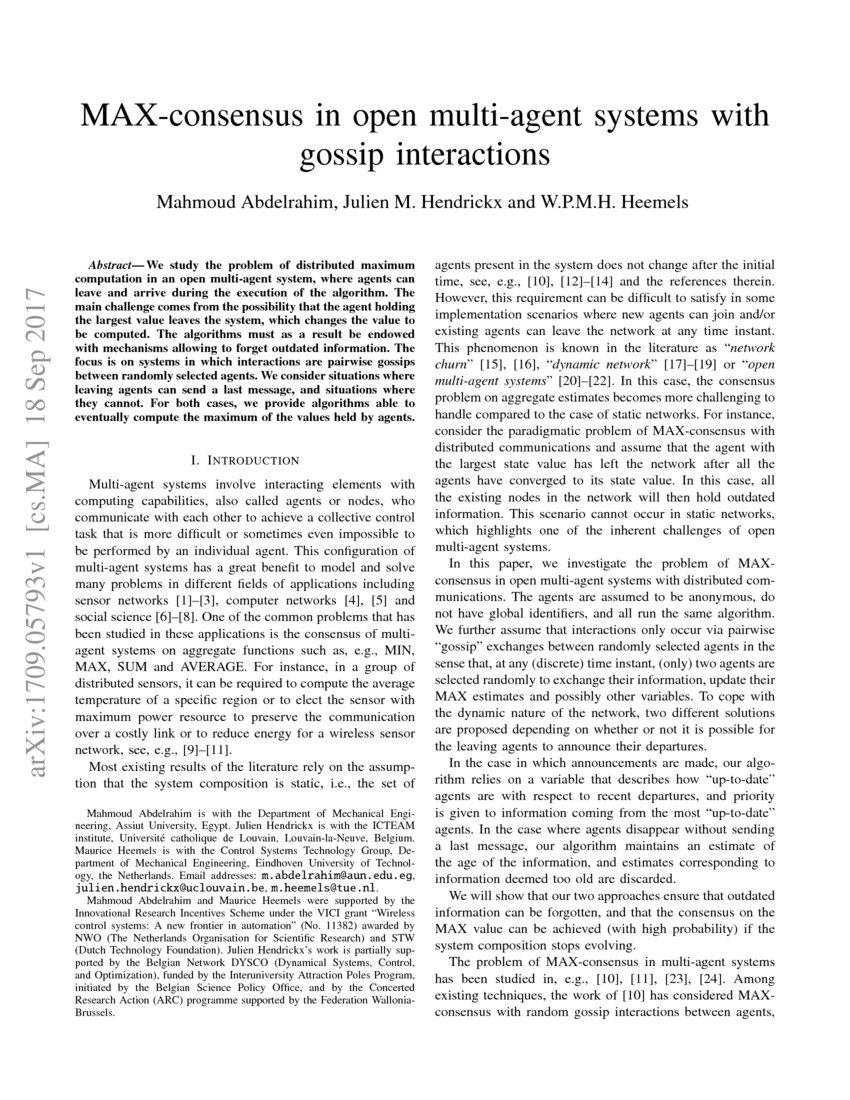 MAX-consensus in open multi-agent systems with gossip interactions | DeepAI