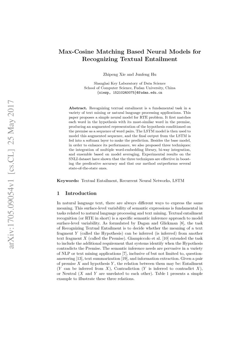 Max-Cosine Matching Based Neural Models for Recognizing Textual Entailment | DeepAI