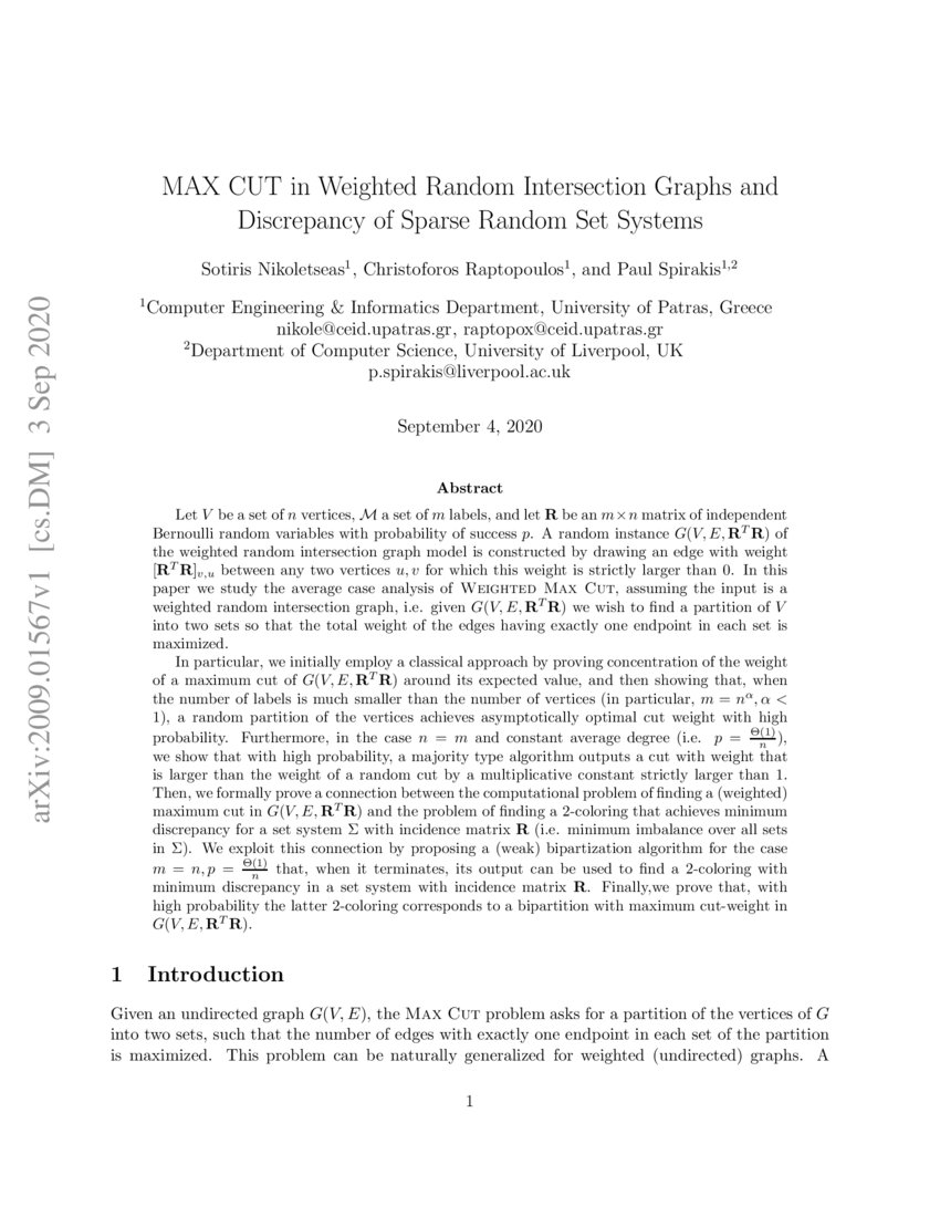 Max Cut In Weighted Random Intersection Graphs And Discrepancy Of Sparse Random Set Systems Deepai