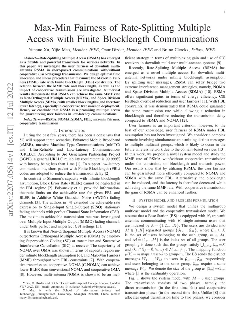 Max-Min Fairness of Rate-Splitting Multiple Access with Finite Blocklength Communications | DeepAI
