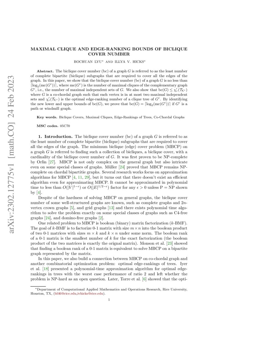 Maximal Clique and Edge-Ranking Bounds of Biclique Cover Number | DeepAI