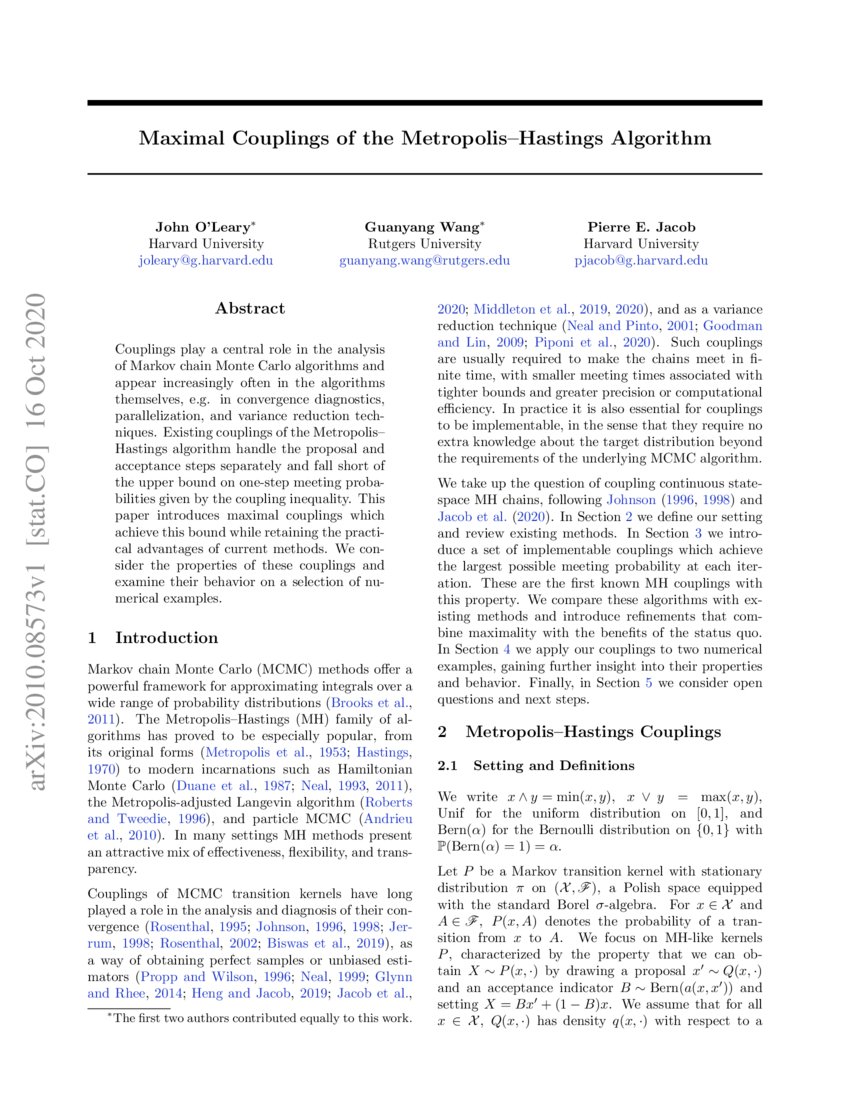 Maximal couplings of the Metropolis-Hastings algorithm | DeepAI