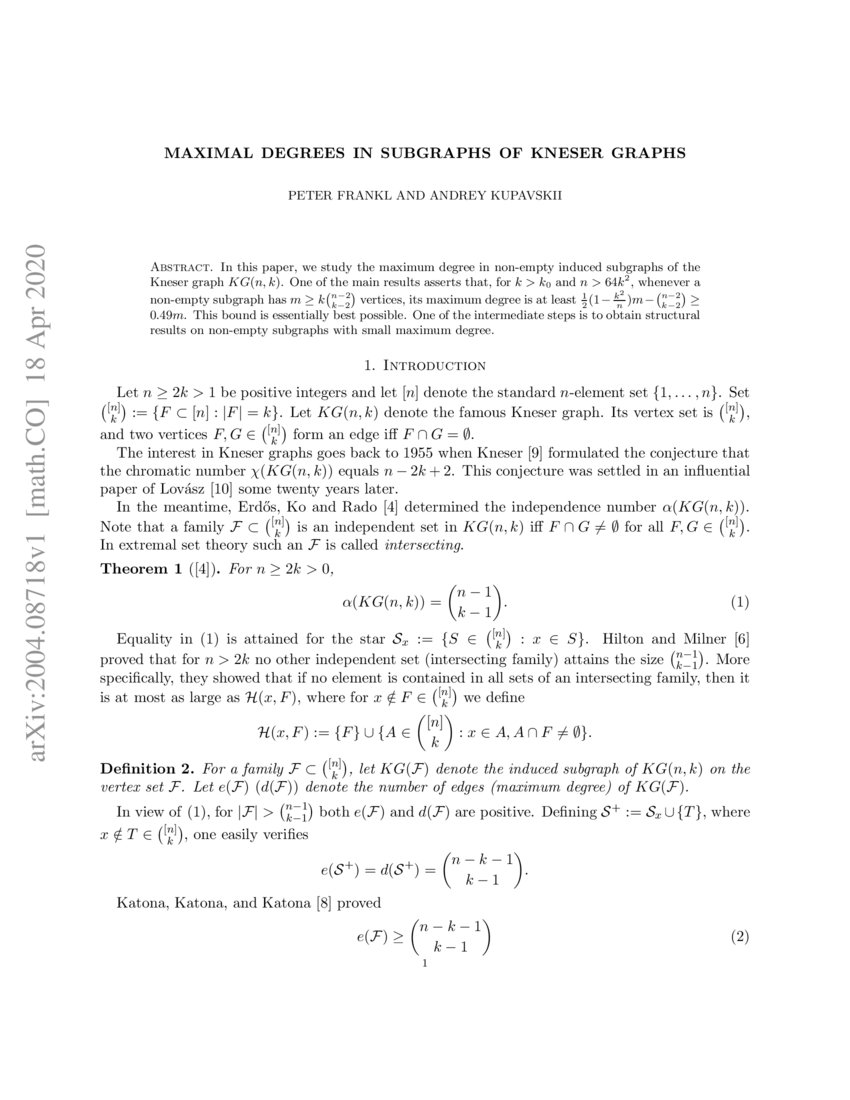 Maximal degrees in subgraphs of Kneser graphs | DeepAI