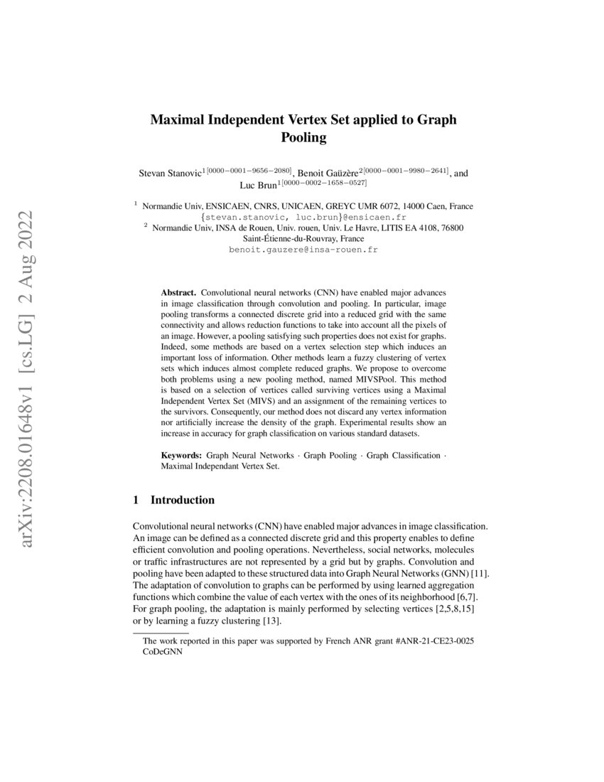 Maximal Independent Vertex Set Applied To Graph Pooling Deepai 