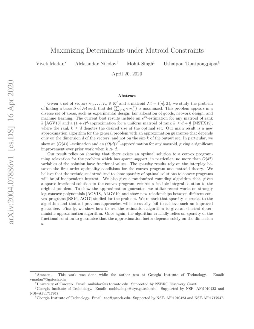 Maximizing Determinants under Matroid Constraints | DeepAI