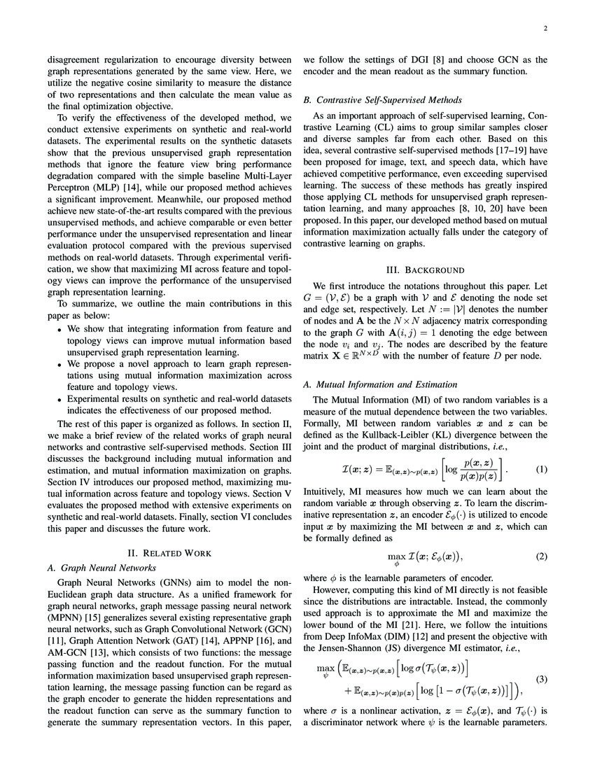 Maximizing Mutual Information Across Feature And Topology Views For Learning Graph
