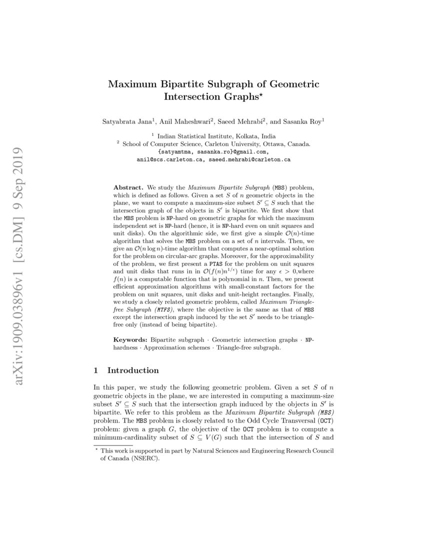 Maximum Bipartite Subgraph Of Geometric Intersection Graphs Deepai 
