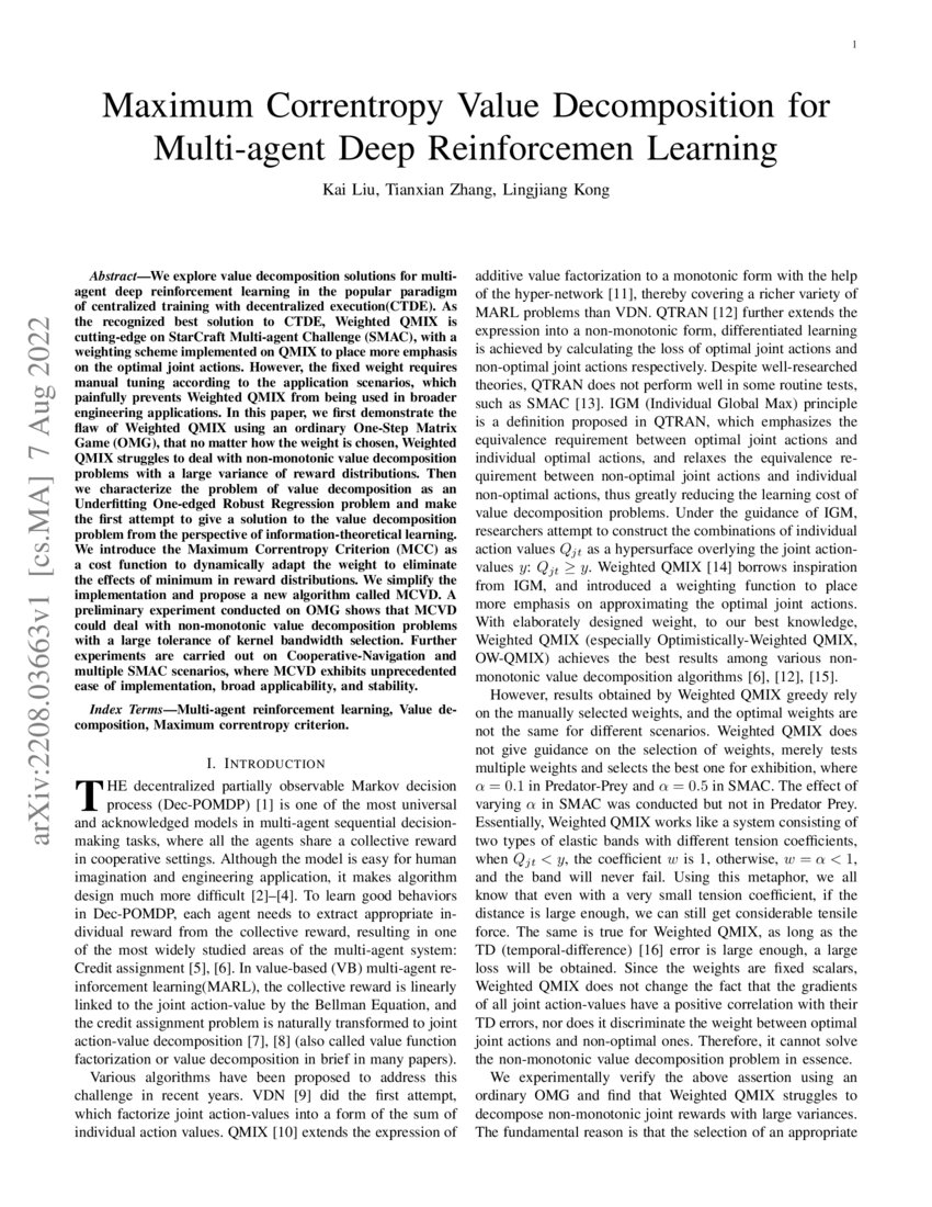 Maximum Correntropy Value Decomposition for Multi-agent Deep Reinforcemen Learning | DeepAI