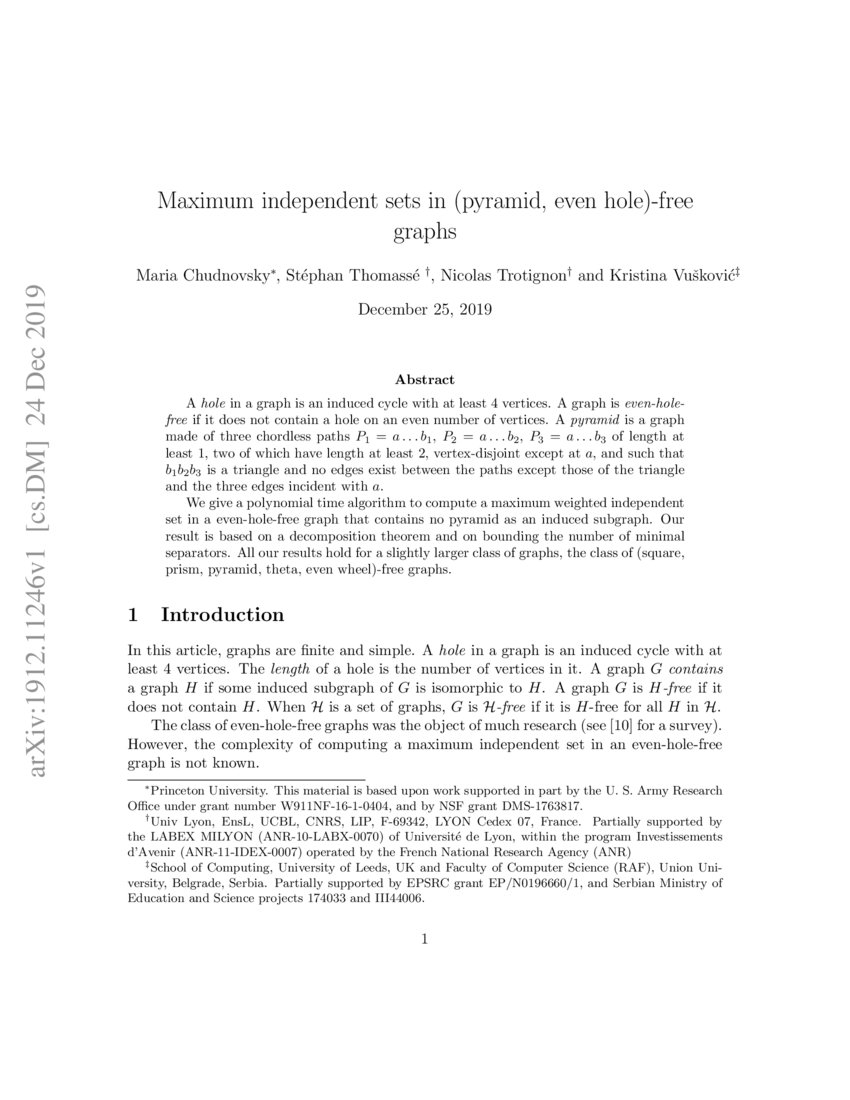 Maximum independent sets in (pyramid, even hole)-free graphs | DeepAI