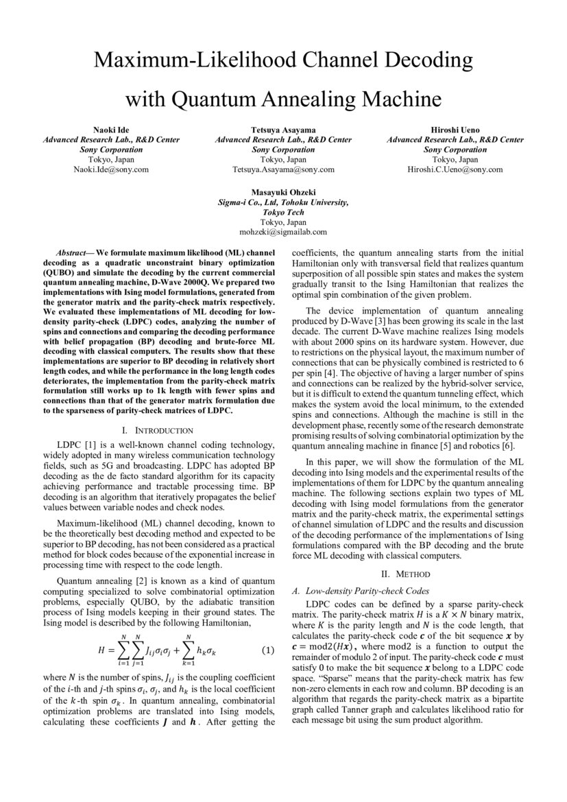 Maximum-Likelihood Channel Decoding with Quantum Annealing Machine | DeepAI