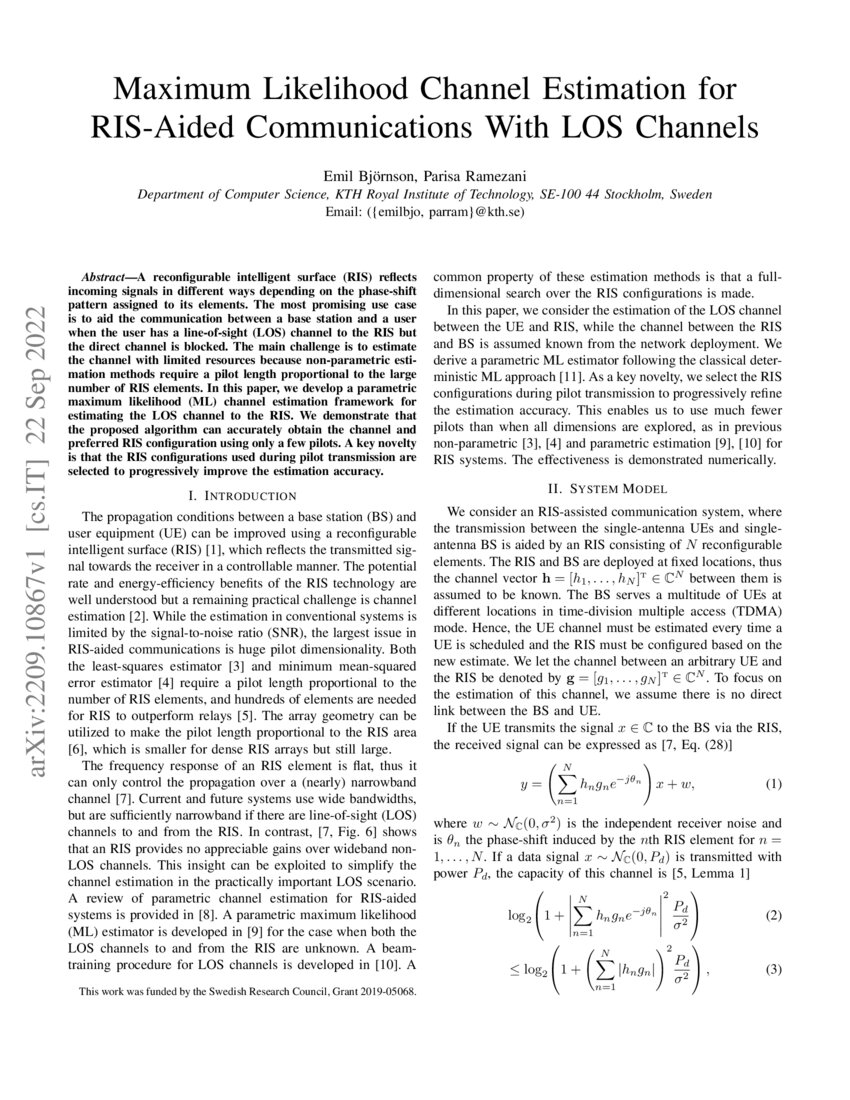 Maximum Likelihood Channel Estimation for RIS-Aided Communications With LOS Channels | DeepAI