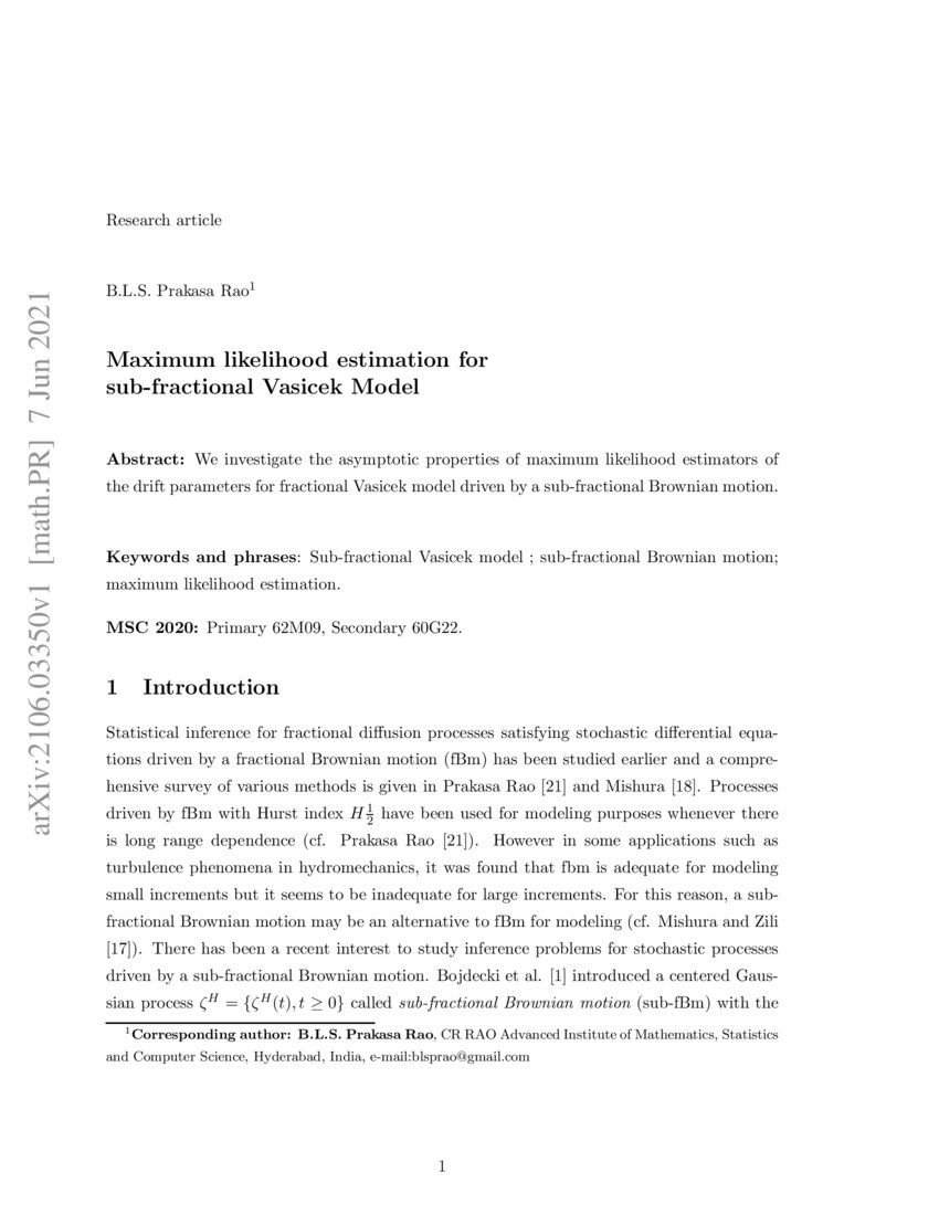 Maximum Likelihood Estimation For Sub Fractional Vasicek Model Deepai