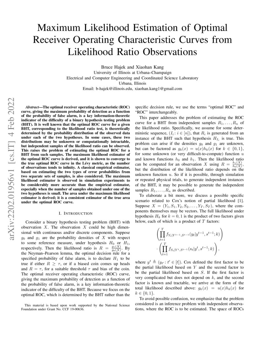 Maximum Likelihood Estimation Of Optimal Receiver Operating Characteristic Curves From 
