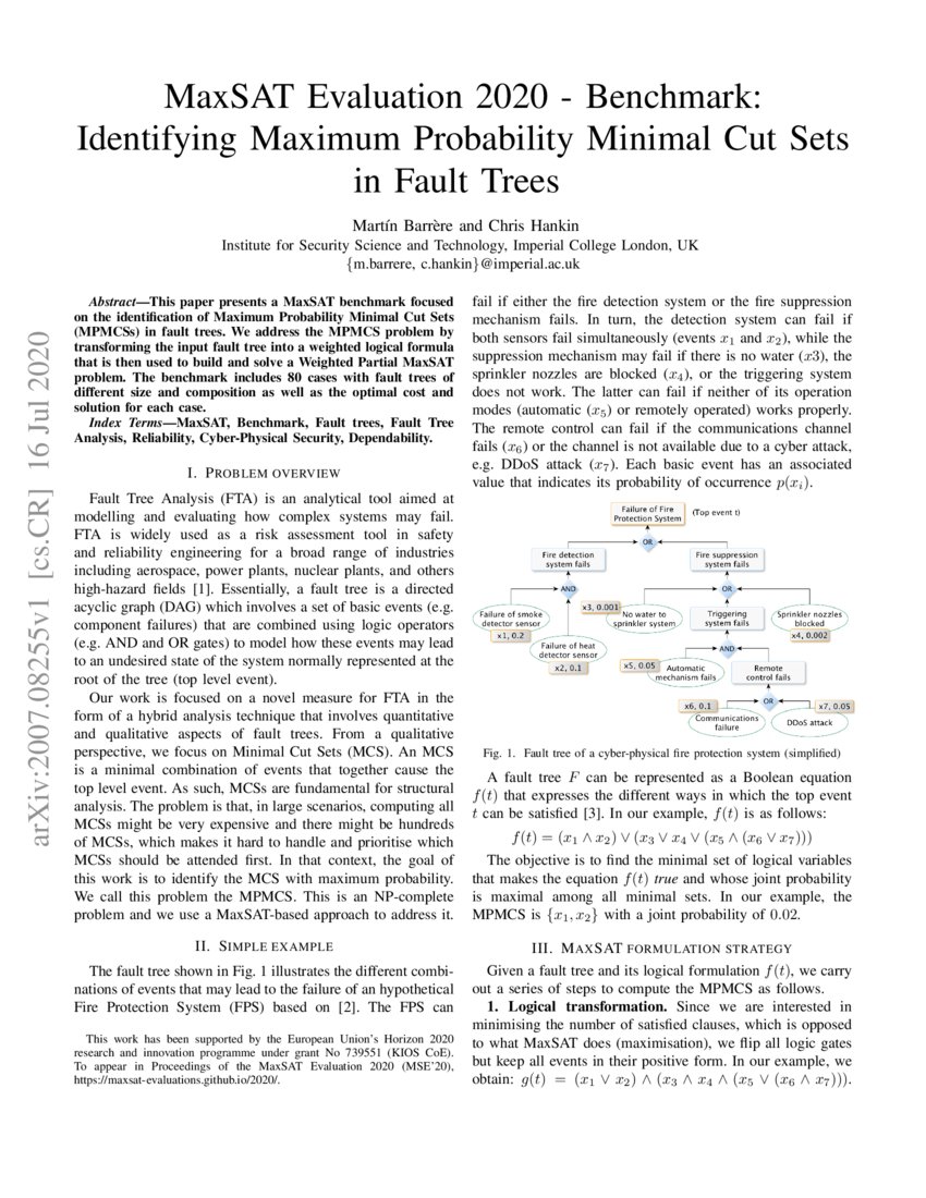 MaxSAT Evaluation 2020 – Benchmark: Identifying Maximum Probability Minimal Cut Sets in Fault ...