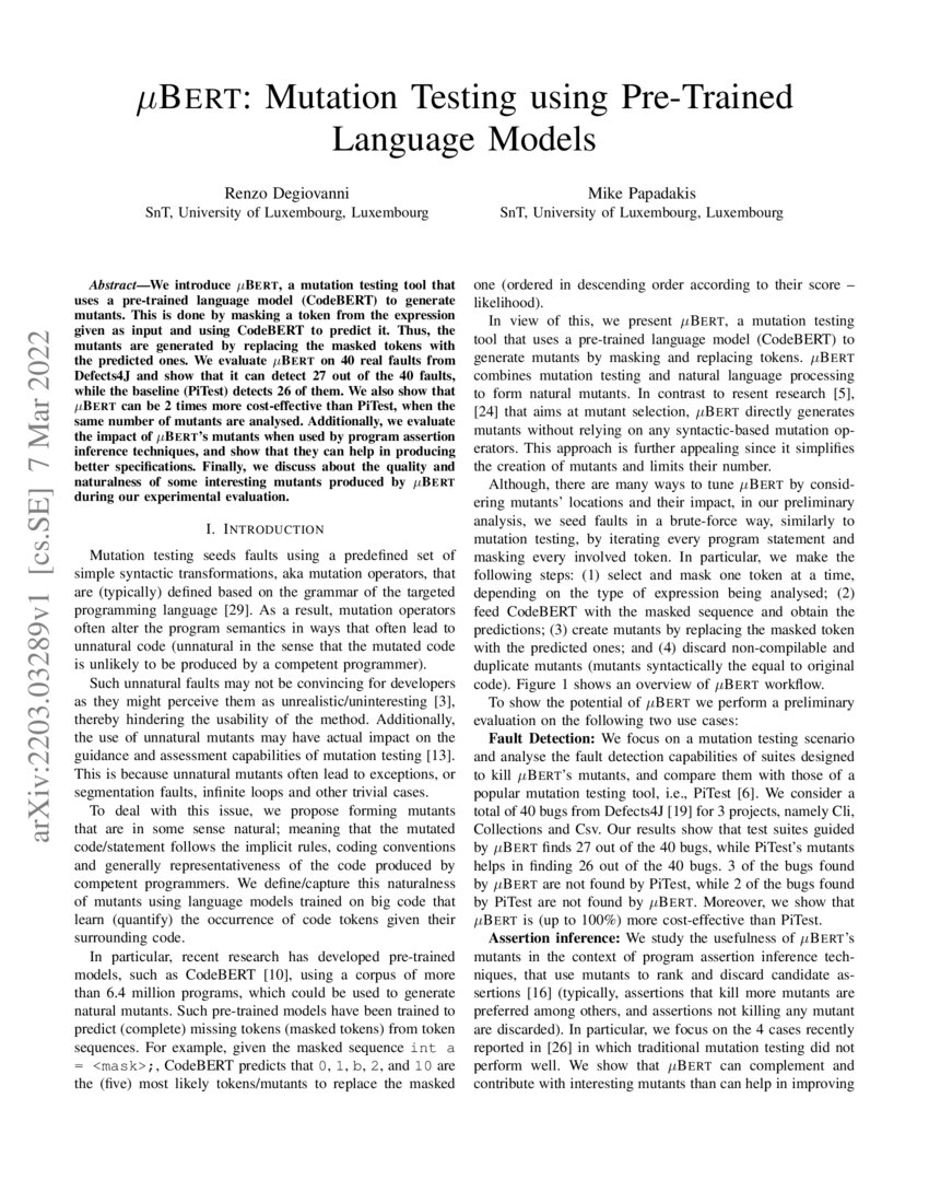 μbert Mutation Testing Using Pre Trained Language Models Deepai