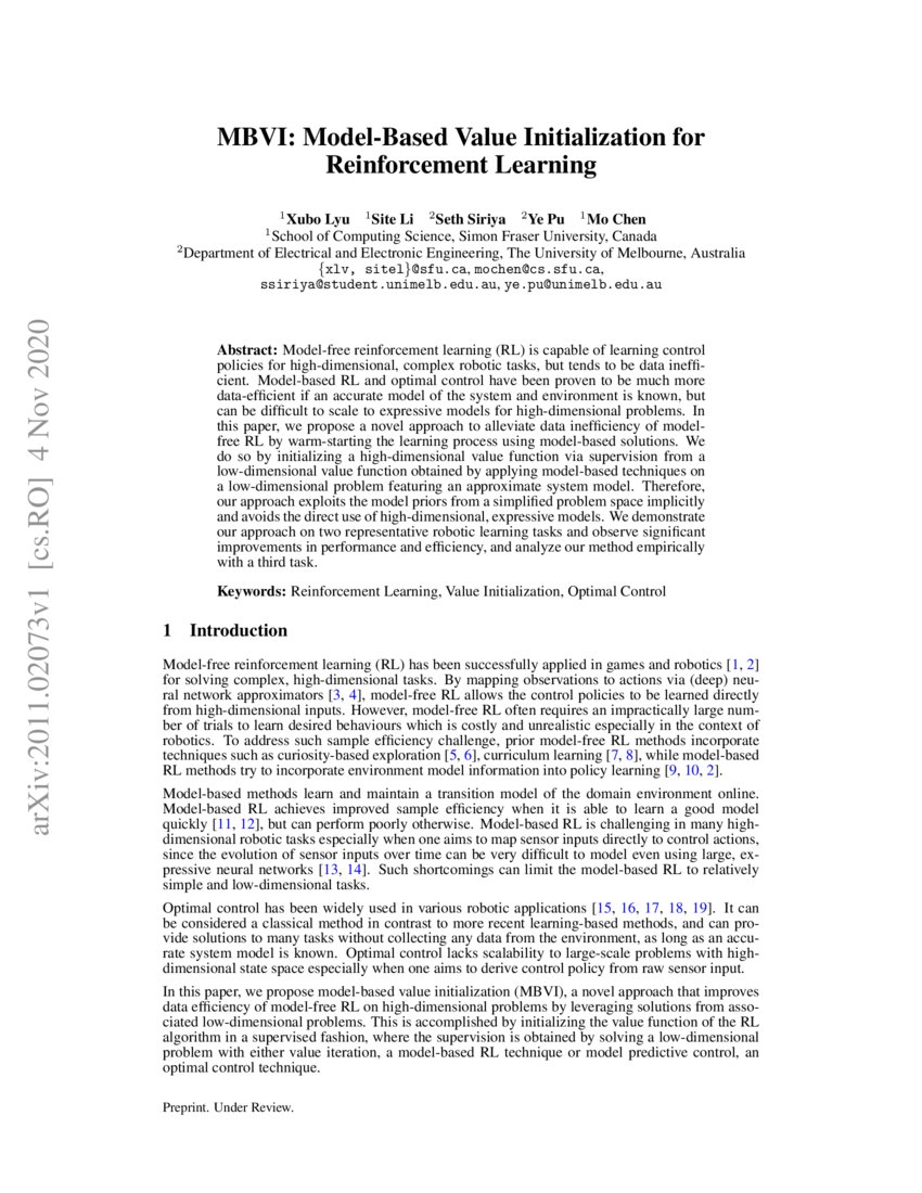 MBVI: Model-Based Value Initialization for Reinforcement Learning | DeepAI