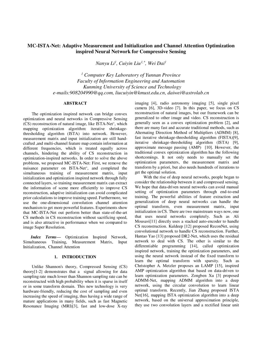 MC-ISTA-Net: Adaptive Measurement and Initialization and Channel Attention Optimization inspired ...