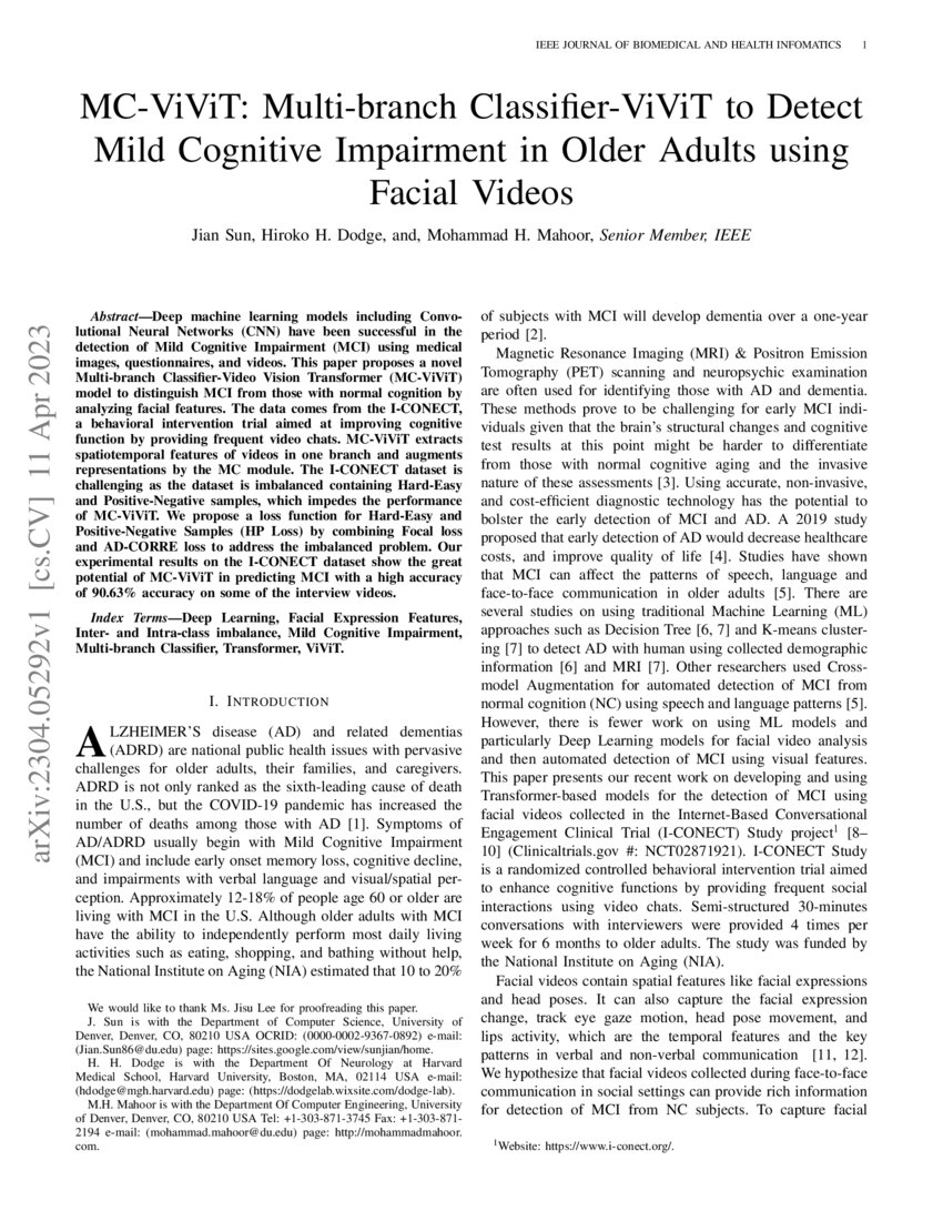 MC-ViViT: Multi-branch Classifier-ViViT to Detect Mild Cognitive ...