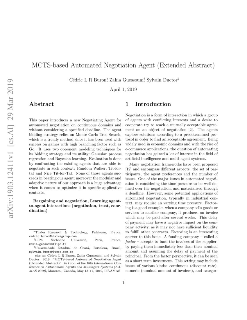 Mcts Based Automated Negotiation Agent Extended Abstract Deepai 