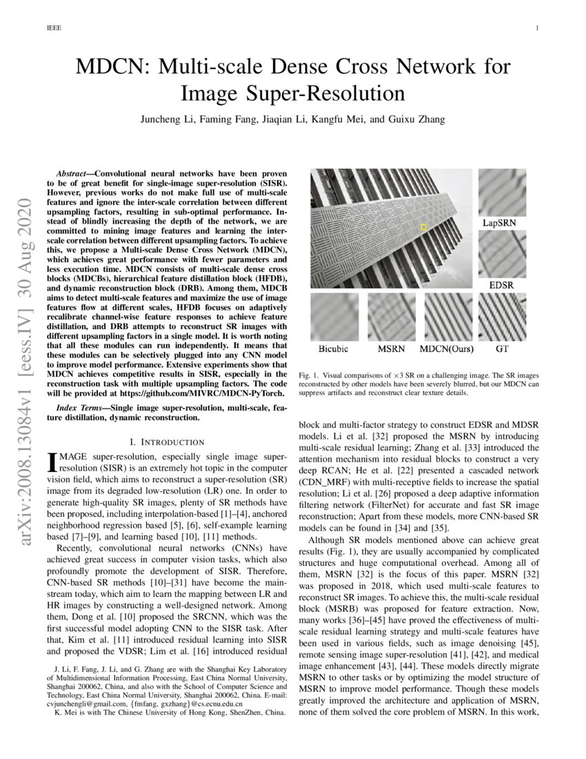 MDCN: Multi-scale Dense Cross Network for Image Super-Resolution | DeepAI