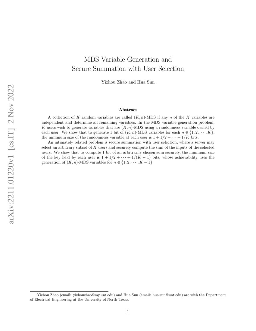 Mds Variable Generation And Secure Summation With User Selection Deepai 1548