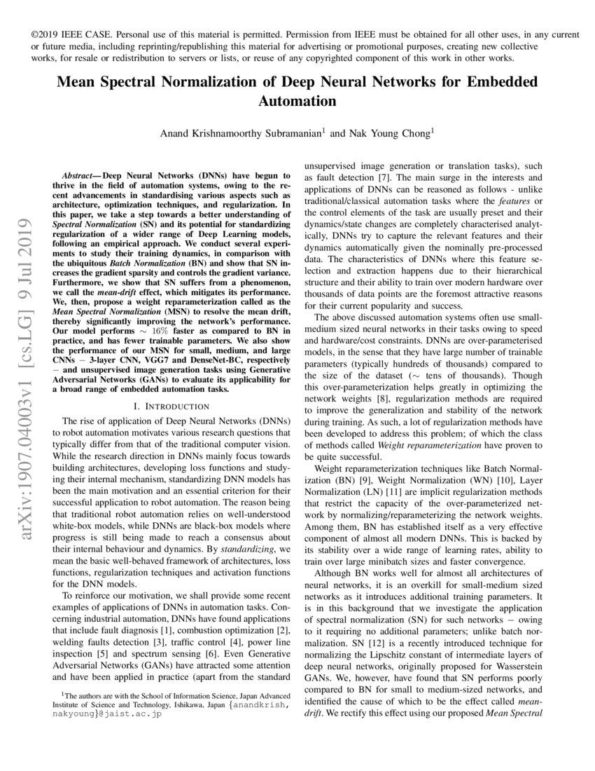 Mean Spectral Normalization Of Deep Neural Networks For Embedded Automation Deepai