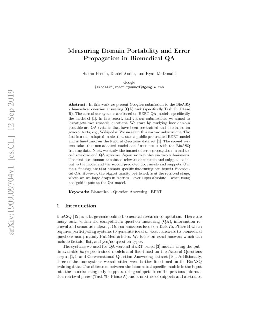 Measuring Domain Portability And Errorpropagation In Biomedical Qa Deepai 7275