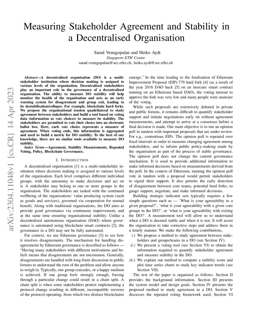 Measuring Stakeholder Agreement and Stability in a Decentralised Organisation | DeepAI