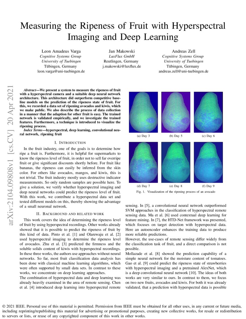 Measuring the Ripeness of Fruit with Hyperspectral Imaging and Deep Learning | DeepAI