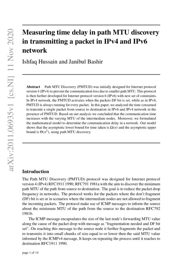 Measuring time delay in path MTU discovery in transmitting a packet in ...