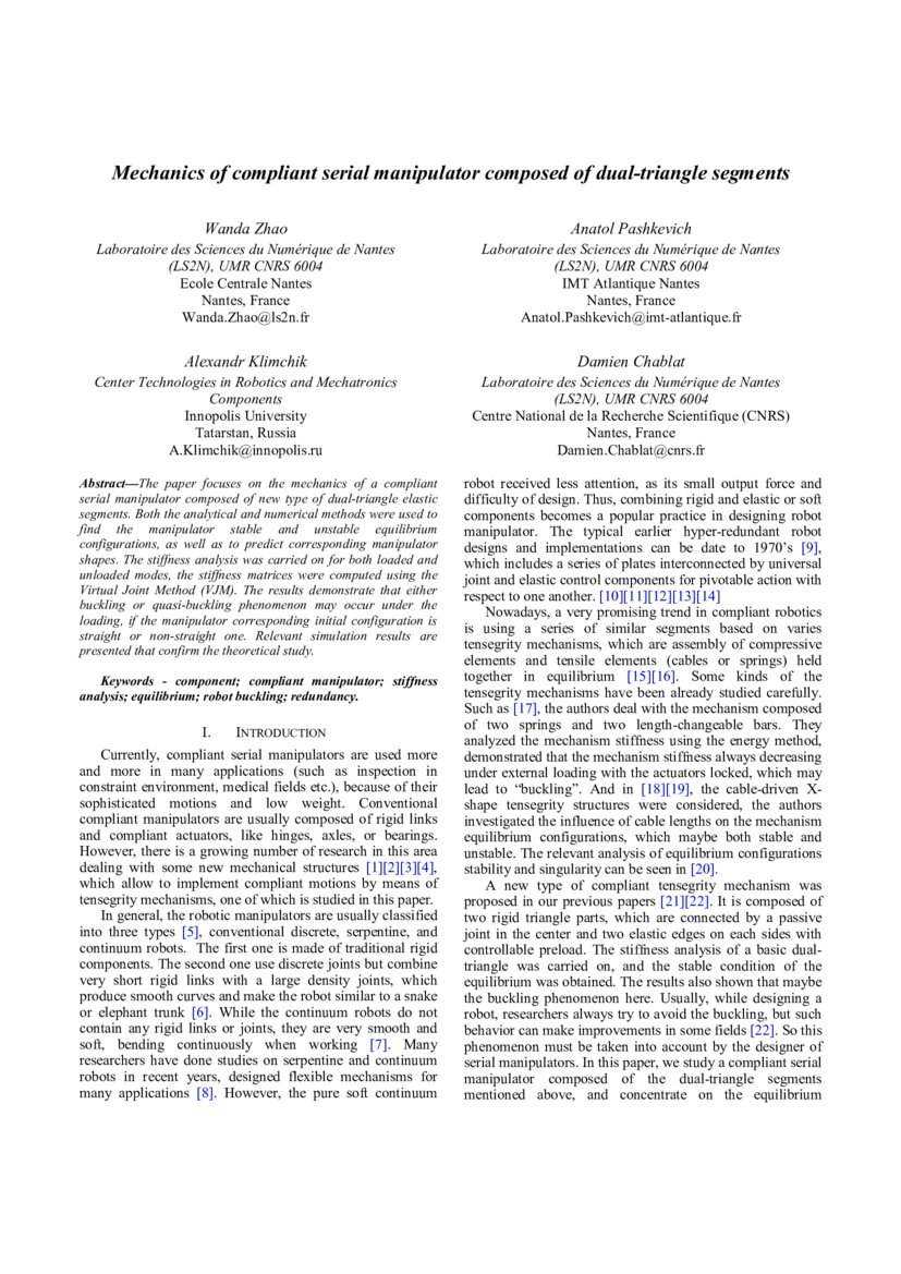 Mechanics of compliant serial manipulator composed of dual-triangle ...