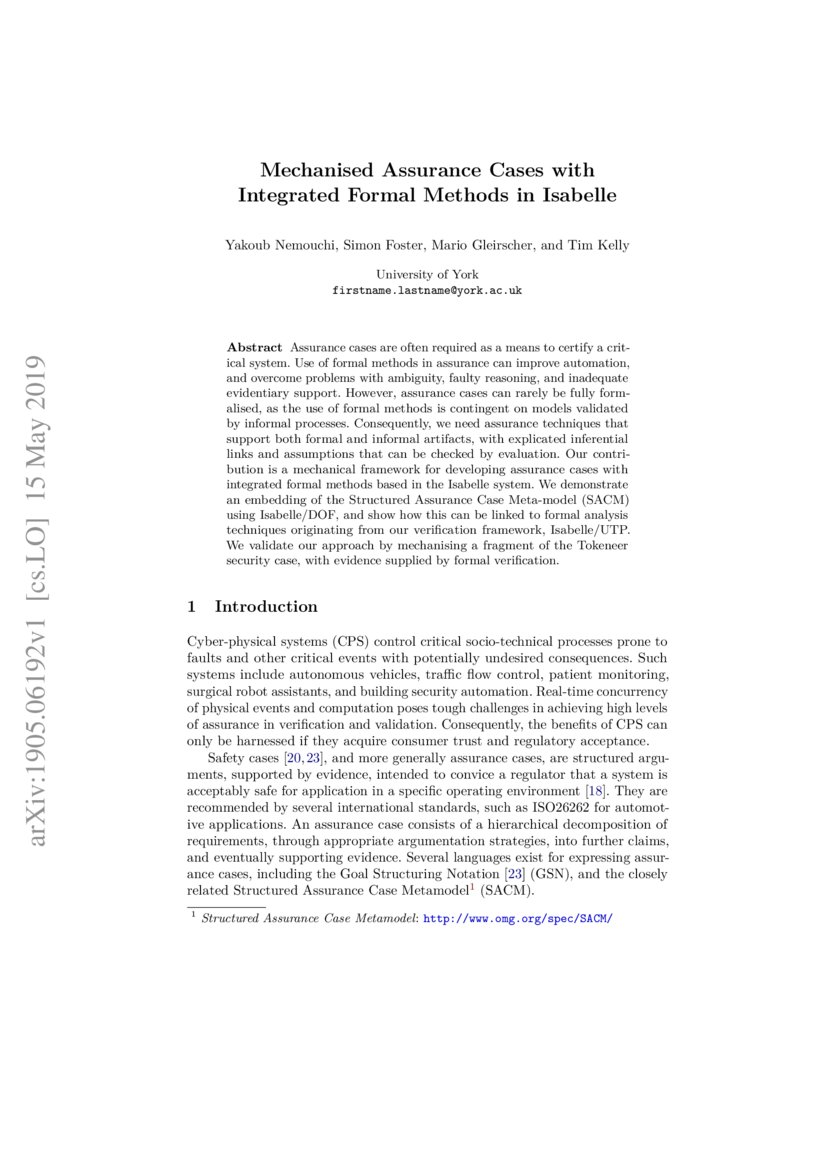 Mechanised Assurance Cases with Integrated Formal Methods in Isabelle | DeepAI