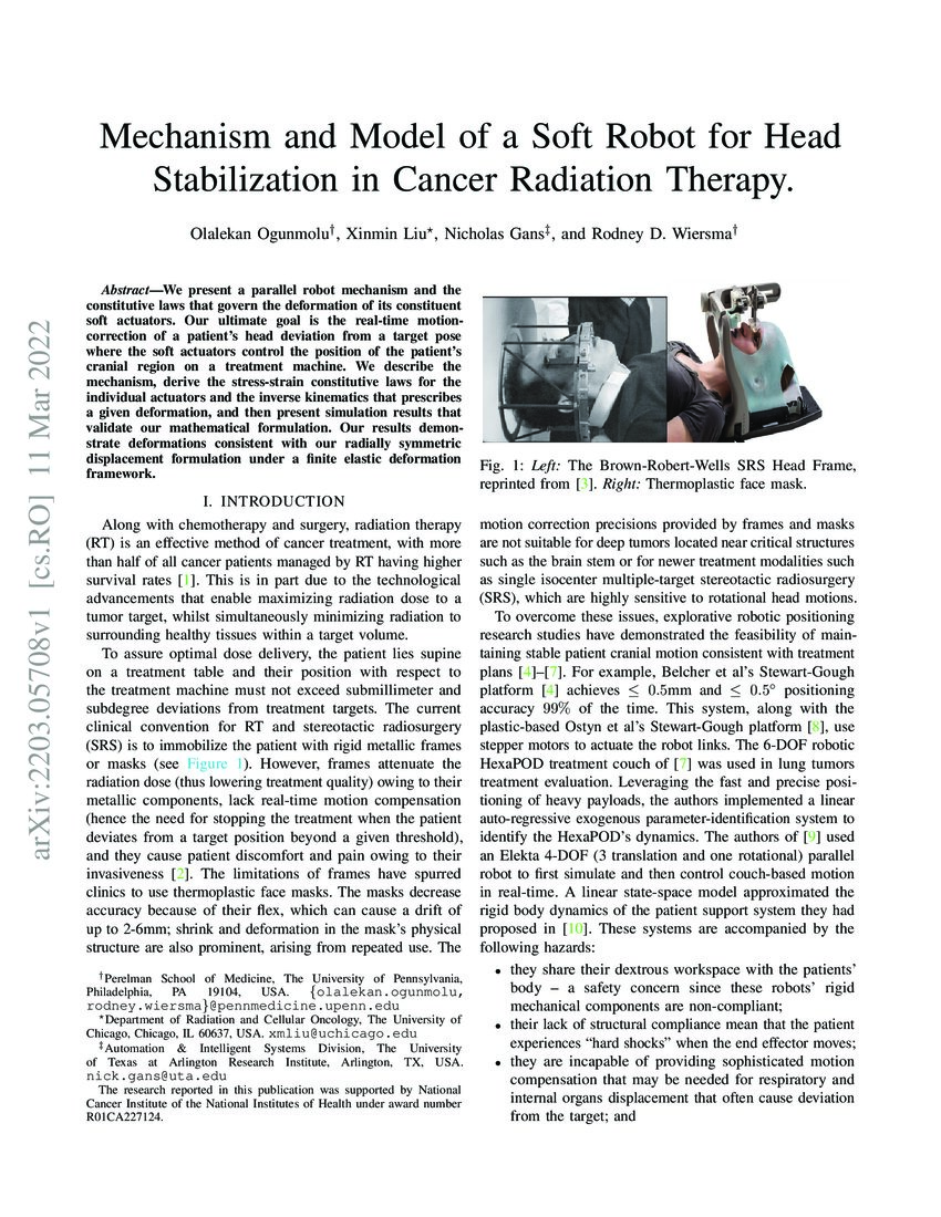 Mechanism and Model of a Soft Robot for Head Stabilization in Cancer ...