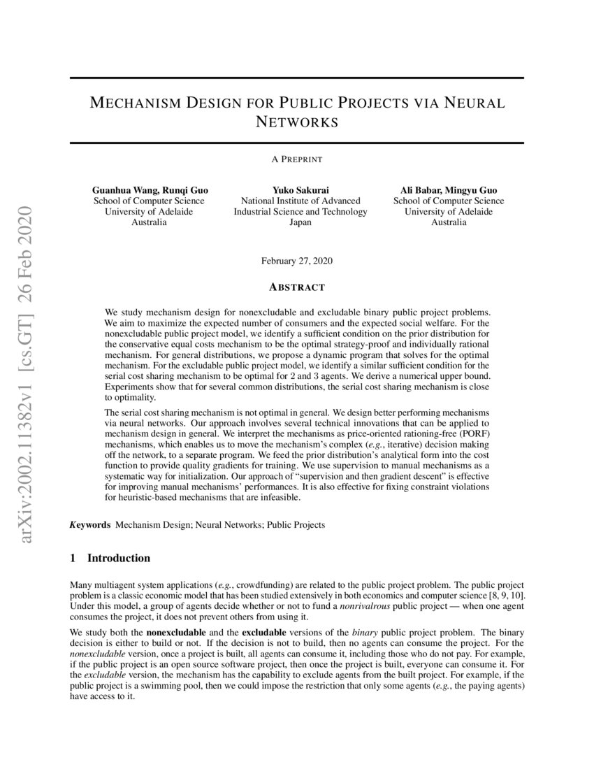 Mechanism Design for Public Projects via Neural Networks | DeepAI