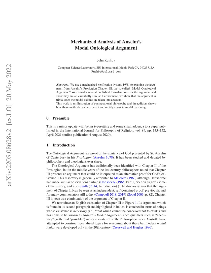 Mechanized Analysis of Anselm's Modal Ontological Argument | DeepAI