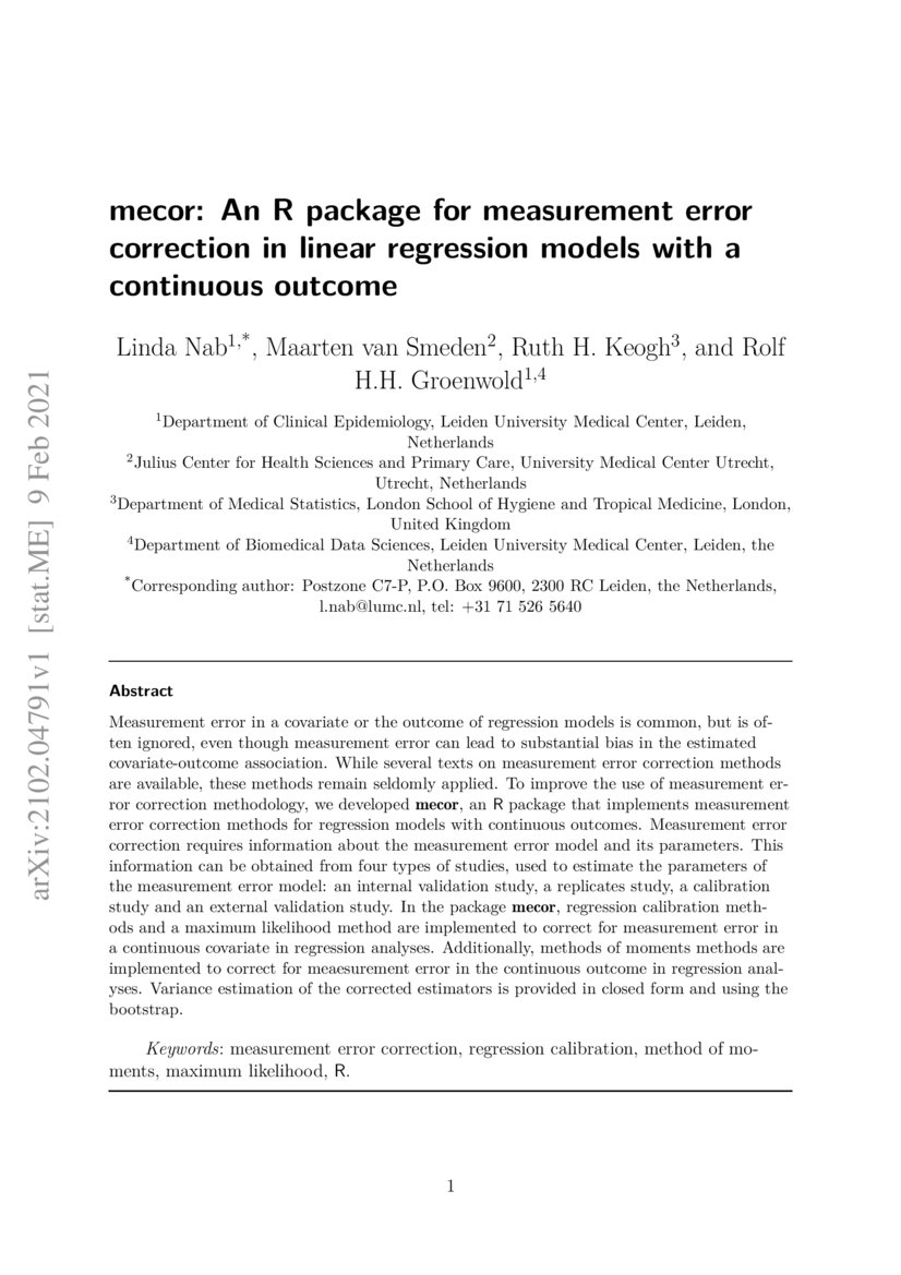 mecor: An R package for measurement error correction in linear regression models with a ...