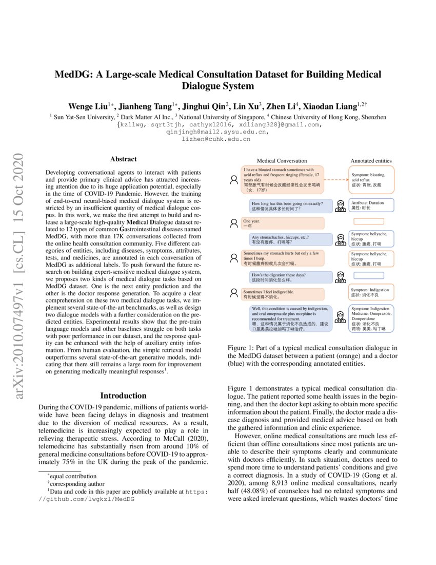 MedDG: A Large-scale Medical Consultation Dataset for Building Medical ...