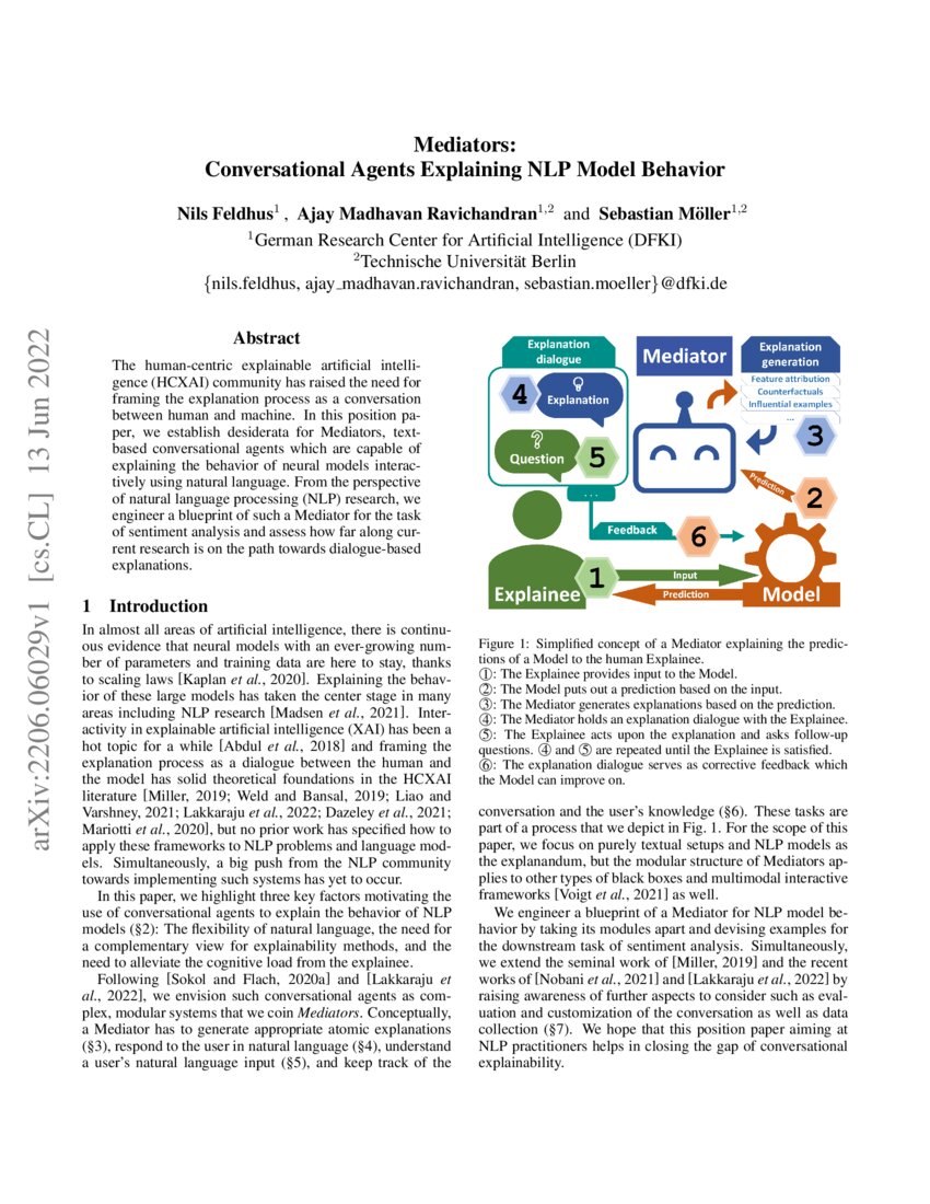 Mediators: Conversational Agents Explaining NLP Model Behavior | DeepAI