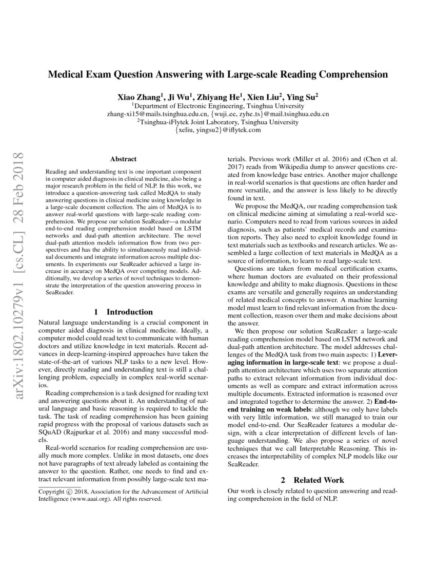 Medical Exam Question Answering with Large-scale Reading Comprehension ...