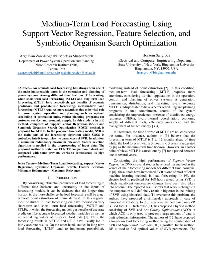 Medium-Term Load Forecasting Using Support Vector Regression, Feature Selection, and Symbiotic ...