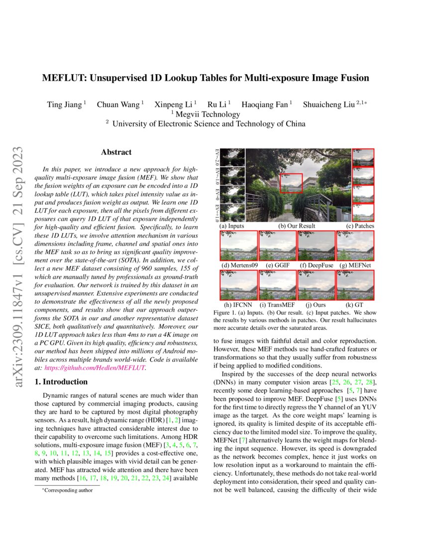 MEFLUT: Unsupervised 1D Lookup Tables for Multi-exposure Image Fusion | DeepAI