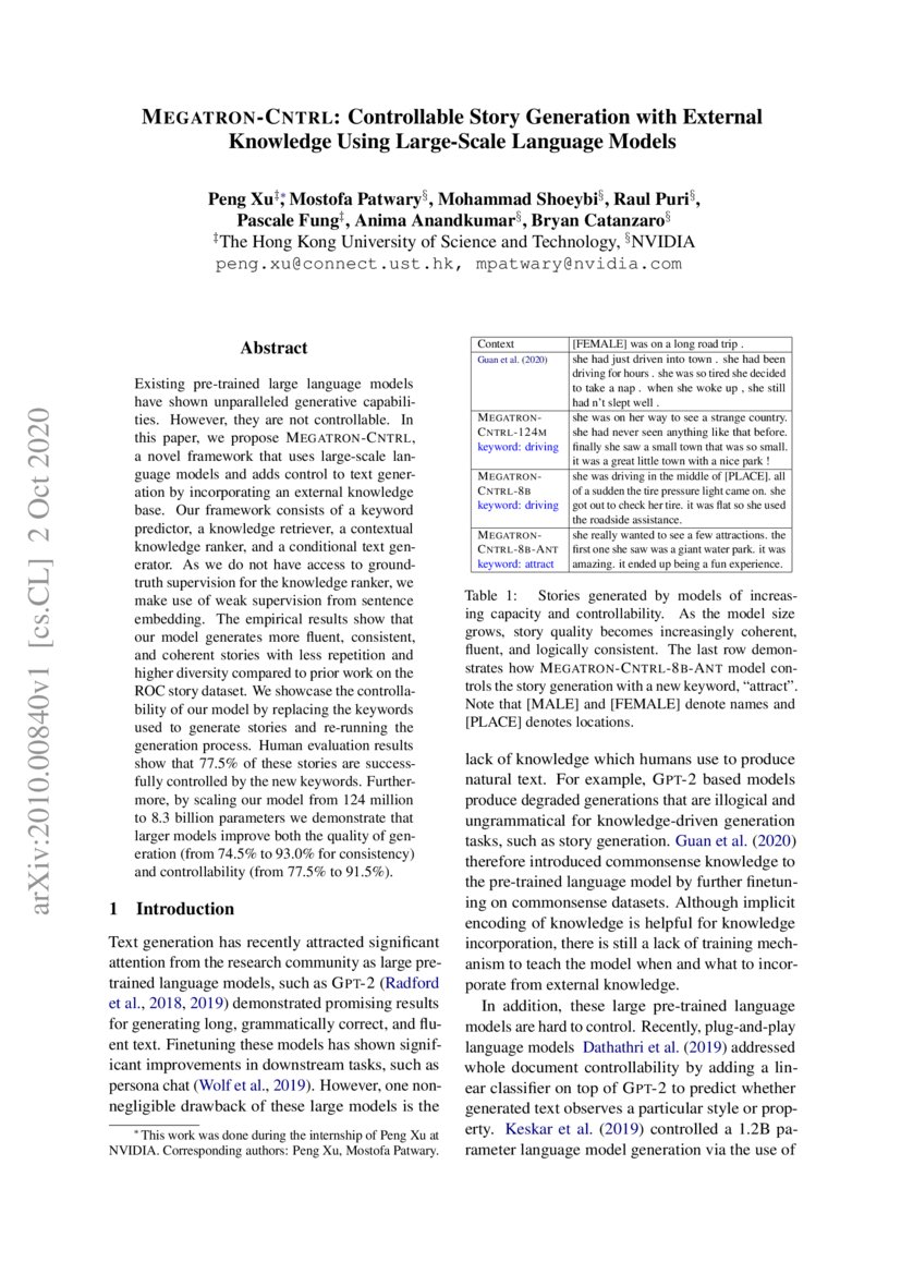MEGATRON-CNTRL: Controllable Story Generation with External Knowledge Using Large-Scale Language ...
