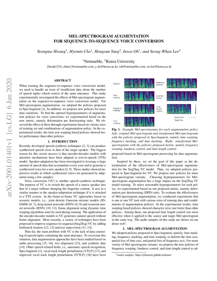 Mel-spectrogram augmentation for sequence to sequence voice conversion | DeepAI