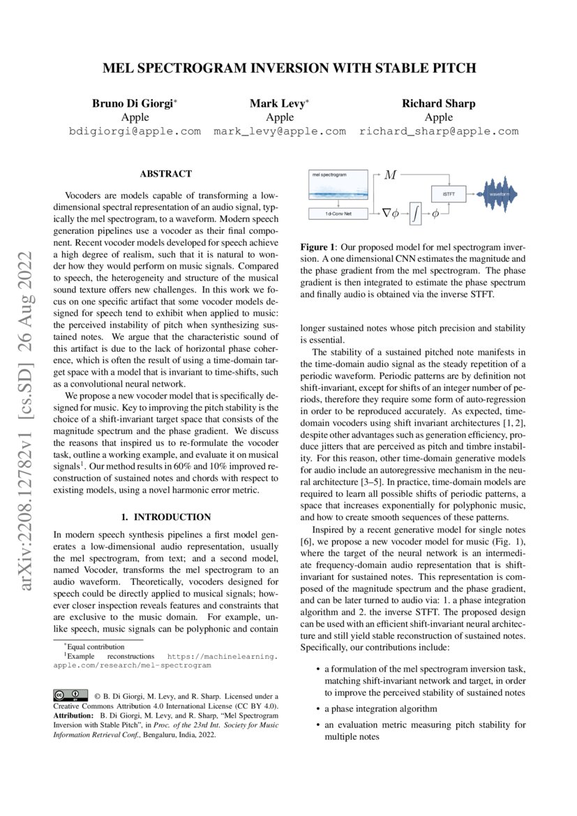 Mel Spectrogram Inversion with Stable Pitch | DeepAI