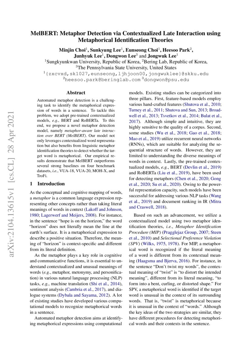 Melbert Metaphor Detection Via Contextualized Late Interaction Using