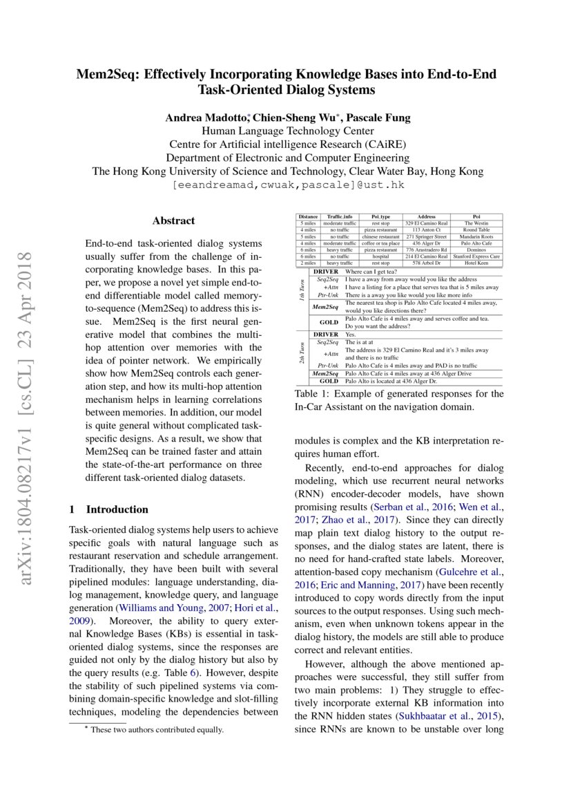 Mem2Seq: Effectively Incorporating Knowledge Bases into End-to-End Task-Oriented Dialog Systems ...